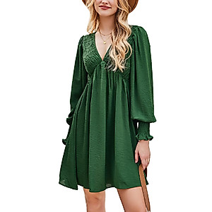 CUPSHE Women's Mini Dress Smocked V Neck Long Sleeve Empire Waist Casual A Line Green Dress