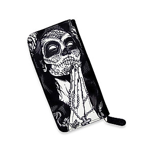 Liquorbrand Gypsy Rose Women's Zip Around Clutch Wallet | Day of the Dead Goth Gothic Rockabilly Dia De Los Muertos Sugar Skull Print