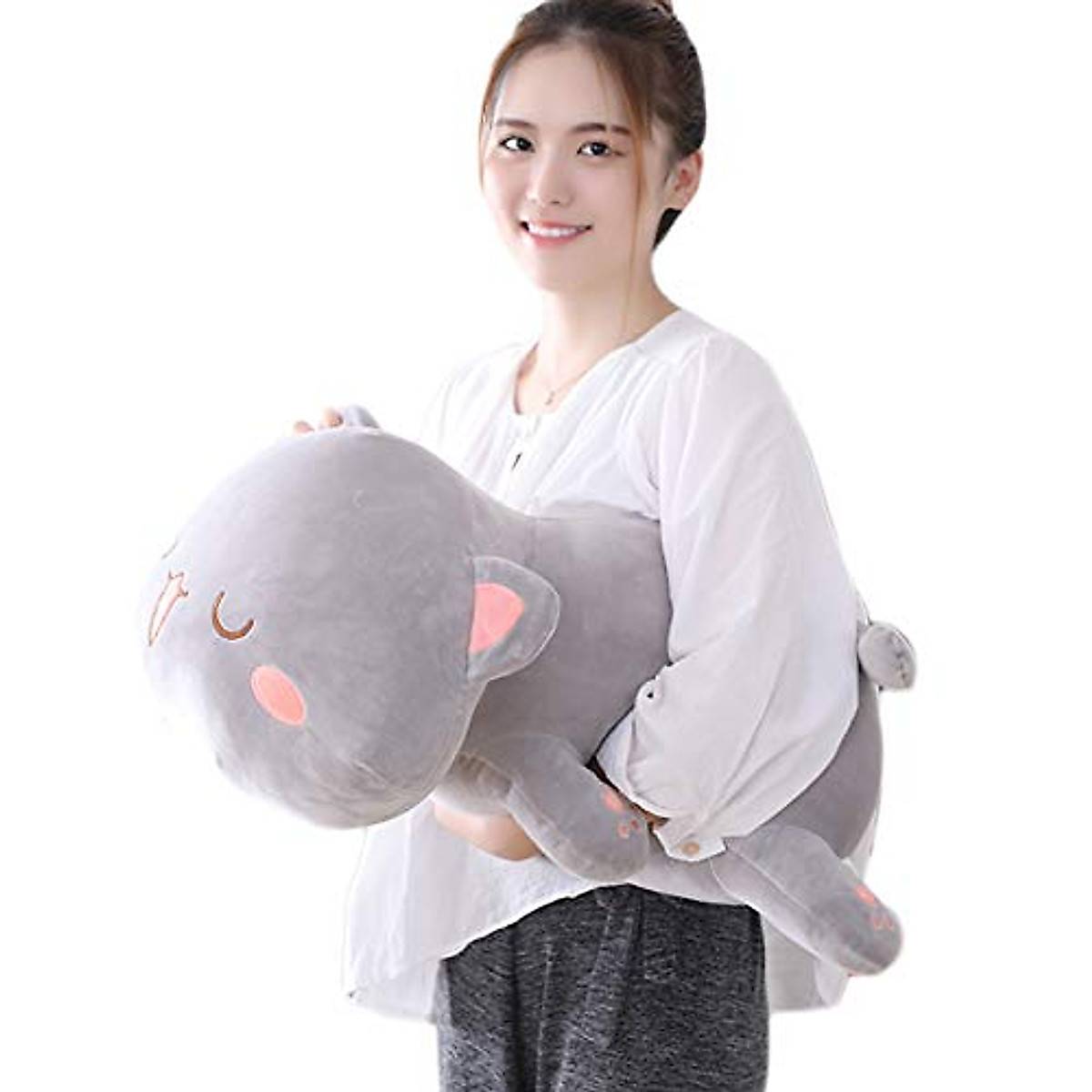 Jensquaify Cat Stuffed Animals, Soft Cat Plush Pillow Kitten Stuffed Animal Toy Gifts for Kids (Grey Round Eyes, 19.6")