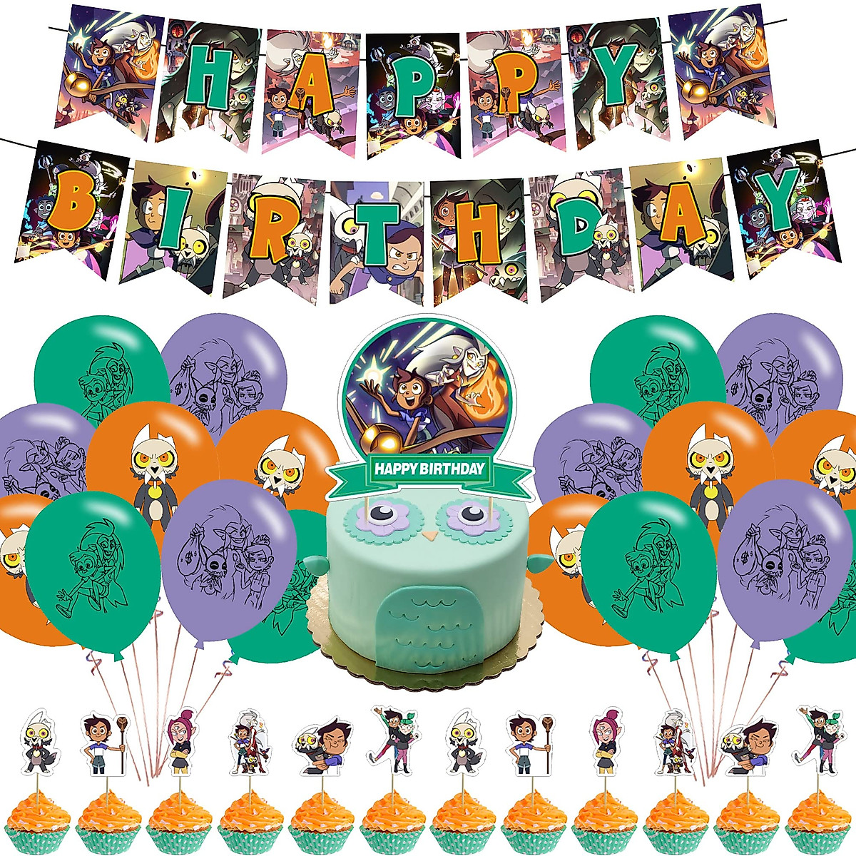 The Owl house Birthday Party Decorations, Owl house Cartoon Theme Party Supplies set with Happy Birthday Banner,Cake Cupcake Toppers,Balloons for Adults Party Favors