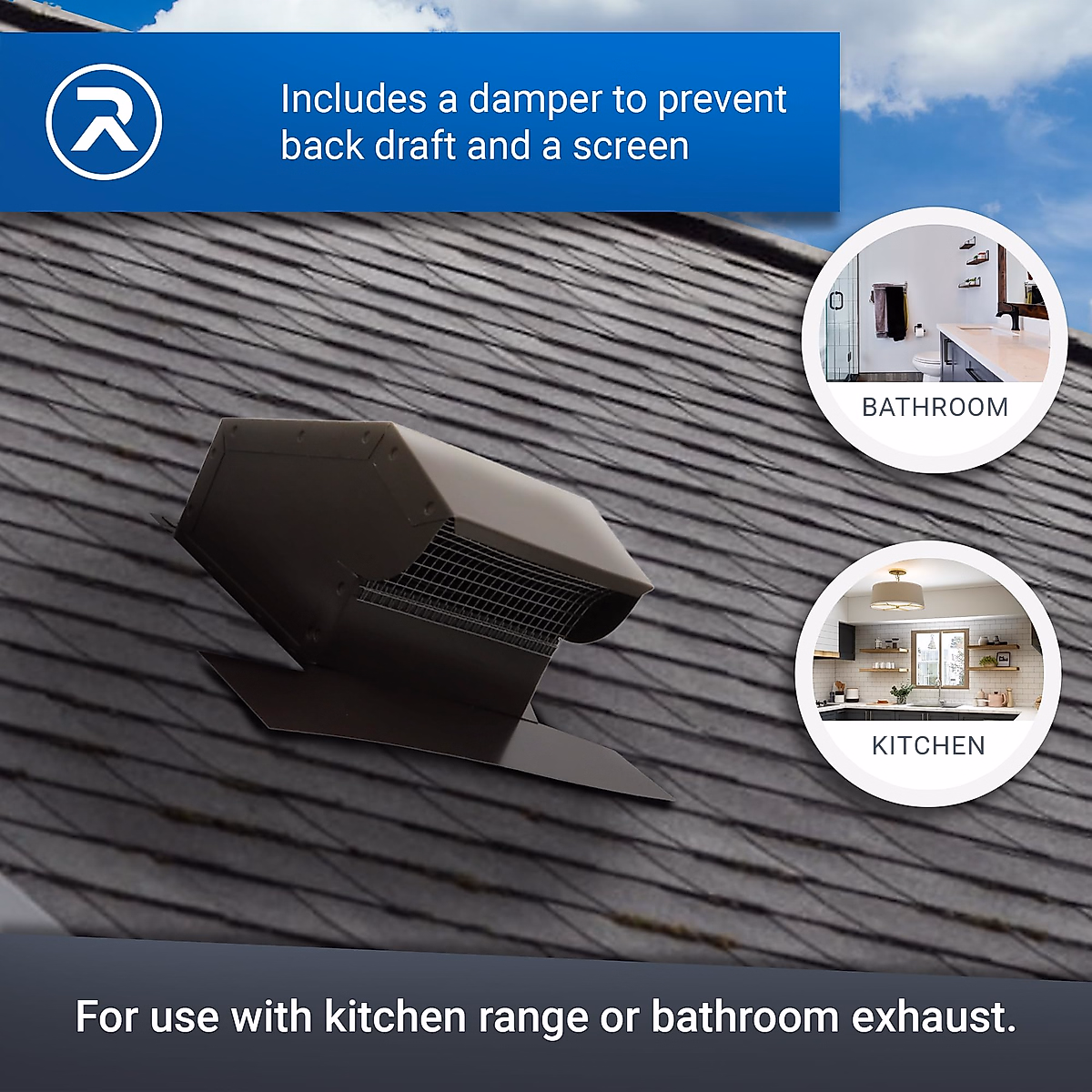 RDP Rooftop Exhaust Vent Cap with Damper and Bottom Extension (10 Inch, Black)