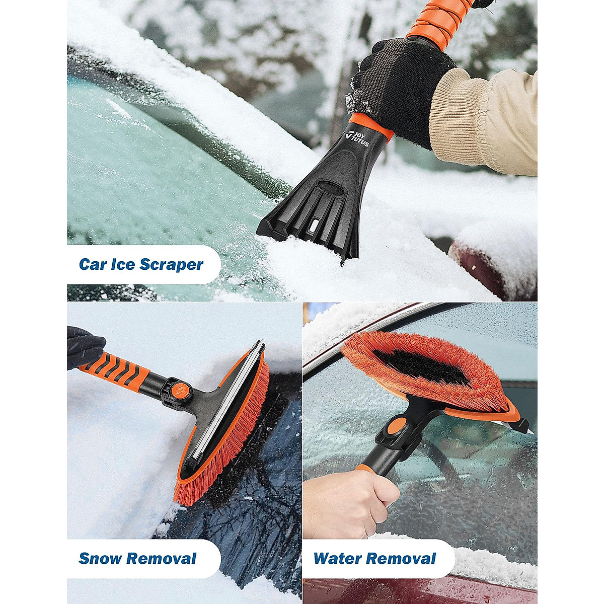 JOYTUTUS 41.5IN Extendable Snow Brush and Ice Scraper, 270°Pivoting Snow Scraper Brush for Car Windshield, Telescoping Ice Scraper, Foam Grip, Heavy Duty Snow Remover for Cars, Trucks, SUV (Orange)