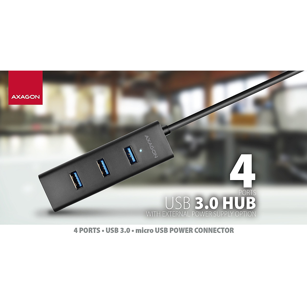 AXAGON HUE-S2B USB-A-Hub, 4X USB 3.0, 1x Micro-USB für Stromversorgung - 300 mm Kabel