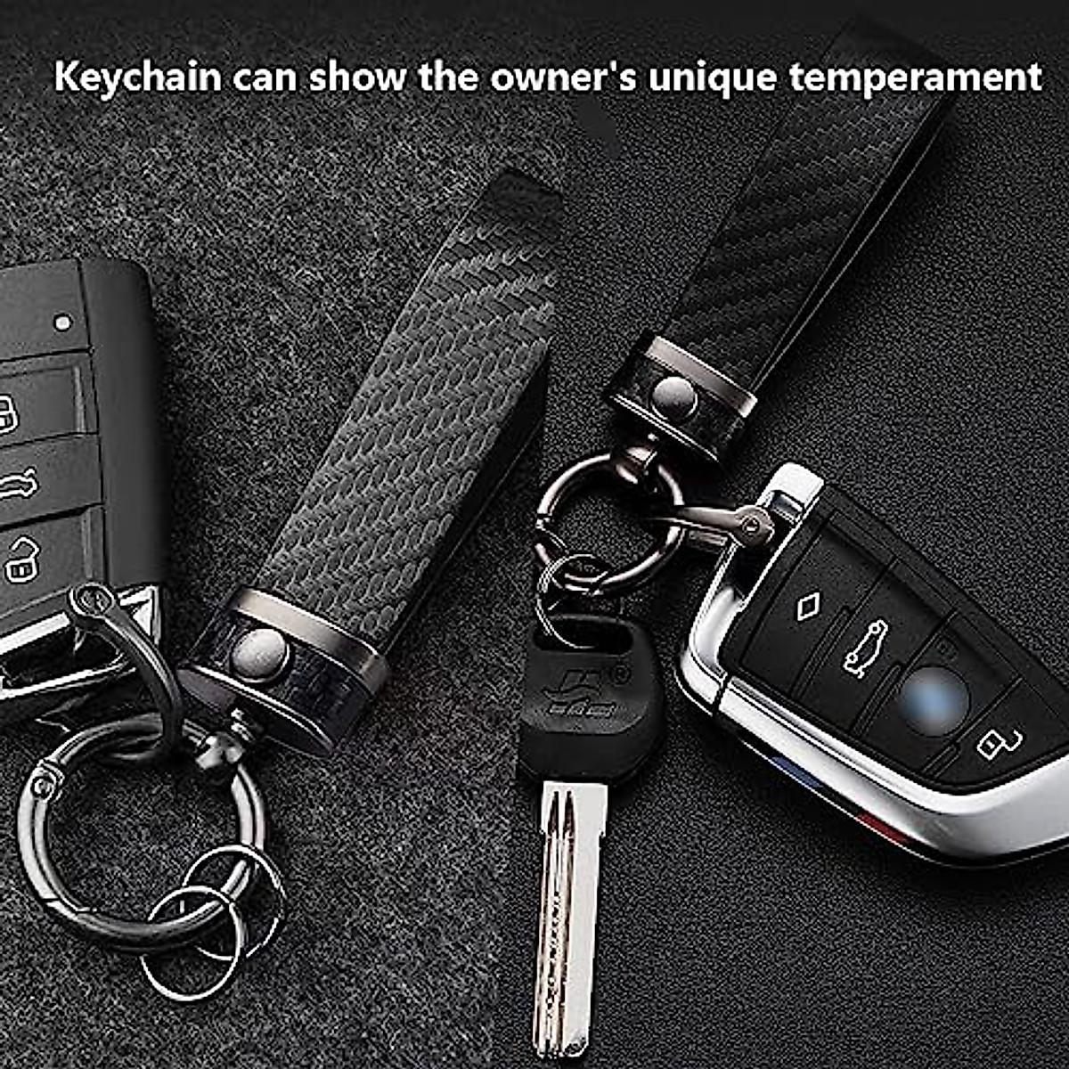 Kewucn Carbon Fiber Style Car Key Chain, Microfiber Leather Keychain, 360 Degree Rotatable Anti-Lost D-Ring Key Fob Holder (Black)
