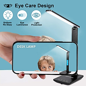 LAOPAO Desk Lamp, LED Desk Lamp with Wireless Charger, USB Charging Port, Adjustable Foldable ​Table Lamp with Clock, Alarm, Date, Temperature, 5-Level Dimmable ​Lighting​, Office Lamp with Adapter