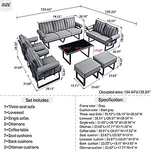 ovios Aluminum Patio Furniture Set 7 PCS All-Weather Outdoor Conversation Set Modern Metal High Back Aluminum Patio Sofa with Table and Thick Cushions (Black-Grey Stripe)