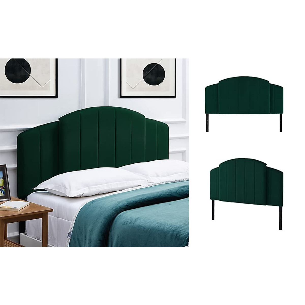 Ball&Cast Bed Headboard Velvet Upholsted Curved Top Design Full/Queen/King Size 3 in 1,Heights from 37 to 49 inch Adjustable Emerald Green Set of 1