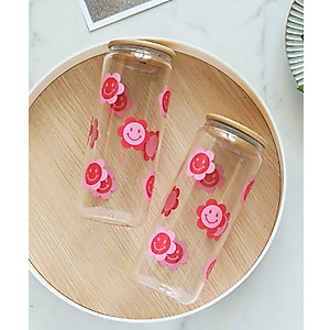 Olvini 20oz Glass Cups with Bamboo Lids and Glass Straws Set of 2 - Can Shaped Drinking Glasses, Cute Iced Coffee Cup, Glass Tumbler, Aesthetic Cups, Smiley Face