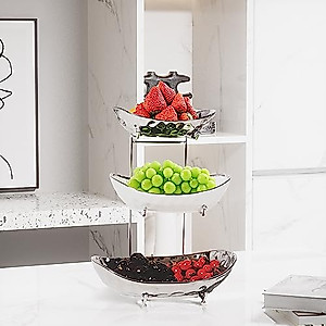 Acliys Fruit Bowl, 3 Tier Ceramic Fruit Basket, 3 Tier Serving Stand Serving Bowl with Metal Rack, Porcelain Kitchen Bowls for Fruit Vegetable Storage Snack Nuts Dessert Cake Tray for Party Wedding