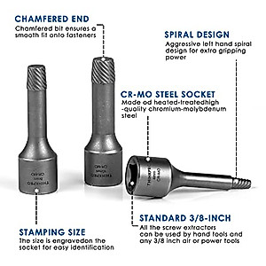 THINKPRO 6PCS Screw Extractor Set, Extended Version 3/8" Inch Drive Stripped Screw Remover, 2-in-1 Functional Easy Out Bolt Extractor Set, for Removing Broken Studs, Bolts, Screws