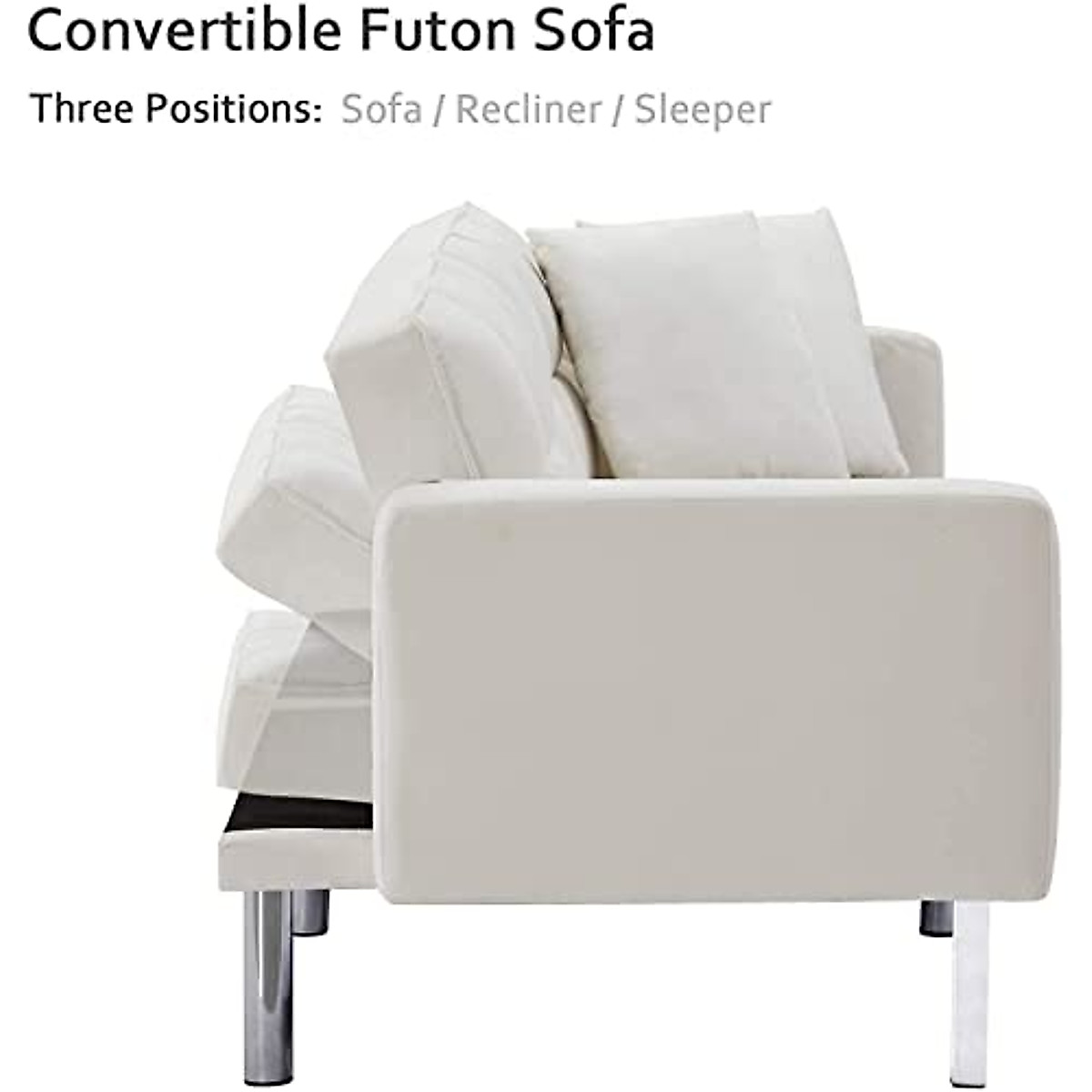 Leiln.z Velvet Convertible Sofa Bed with 2 Pillows, Modern Upholstered Sleeper Sofa Couch with 3 Adjustable Backrests and 2 Armrests, Twin Recliner for Living Room. (Off White)