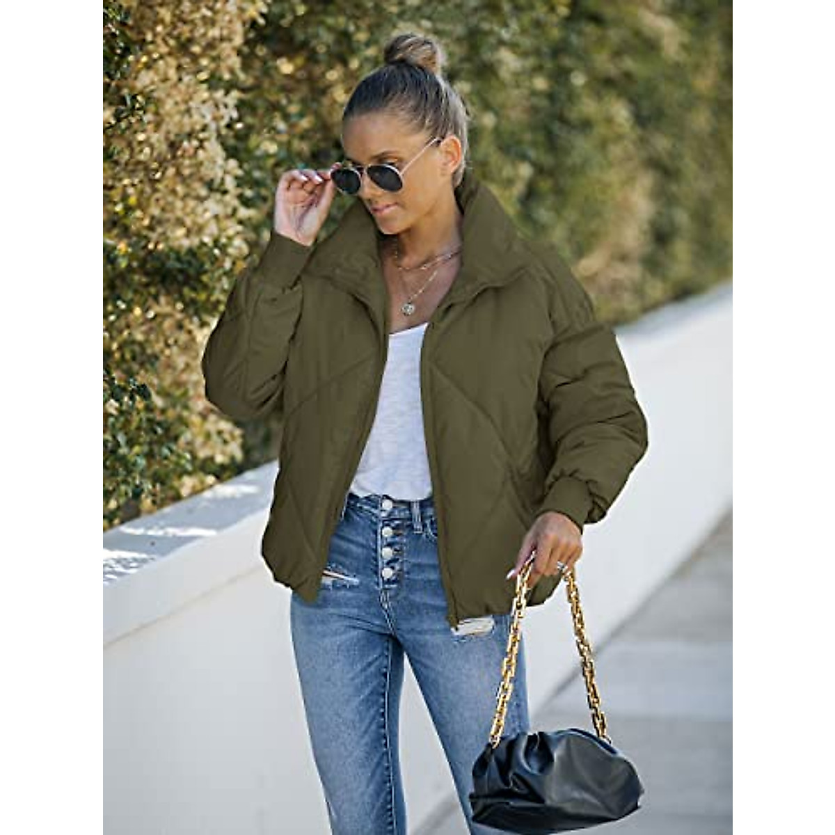 MEROKEETY Women's Long Sleeve Zipper Puffer Jacket Winter Quilted Short Down Coat with Pockets,Green,M