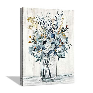 Abstract Flower Print Wall Art: Botanical Flower Bouquet in Crystal Vase Picture Picture on Wrapped Canvas for Dining Room (12" x 16" x 1 Panel)