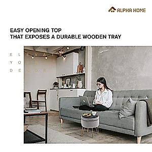 ALPHA HOME Round Storage Ottoman with Removable Lid Tufted Vanity Dressing Chair Velvet Fabric Shoe Change Footrest Stool Side Table Seat Tray Top Coffee Table with Golden Chromed Metal Legs,Grey