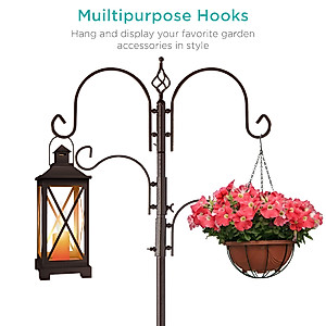 Best Choice Products 91in 4-Hook Bird Feeding Station, Steel Multi-Feeder Kit Stand for Attracting Wild Birds w/ 2 Feeders, Mesh Tray, Bird Bath, 4-Prong Base - Brown