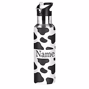 Custom Water Bottle Black and White Cow Print Stainless Steel Vacuum with Name Personalized Name Insulated Sport Bottle with Wide Handle