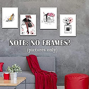 Lodintech Fashion Canvas Wall Art Girls Bedroom Wall Decor Pink Flower Perfume Unframed Art Prints Fashion Posters Living Room Women Office Decorations Makeup Brush High Heels Paintings,8x12'' 4PCS