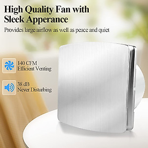 WiseWater Bathroom Exhaust Fan 140CFM 38 dB 6” Duct 7.6" Panel Extractor Fan, Ceiling&Wall Mounted Ventilation Fan for Bathroom, Laundry Room, Bedroom, Office