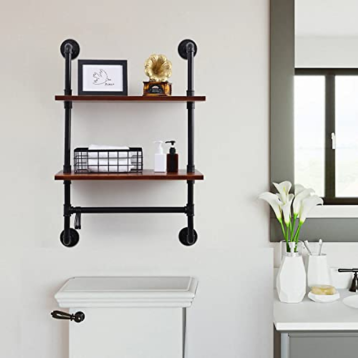 2 Tier Bathroom Floating Shelves with Industrial Pipe, 36 Inch Rustic Wood Wall Mounted Over Toilet Shelves with Towel Bar and Hooks, Wall Shelves for Bookshelf Kitchen Bar Living Room