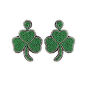 St. Patrick's Day Acrylic Shamrock Leaf Drop Dangle Earrings Green Lucky Clover Handmade Beaded Earrings for Women Fashion Jewelry