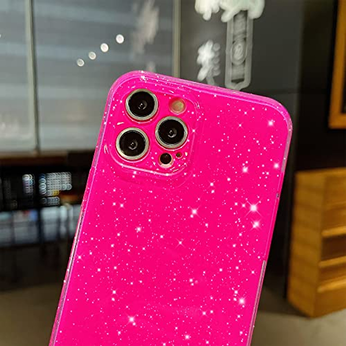 OWLSTAR Cute Glitter Phone Case for iPhone 13 Pro Max 6.7 inch, Sparkly Bling Silicone Slim Bumper Shockproof Protective Cover for Women Girls (Hot Pink)
