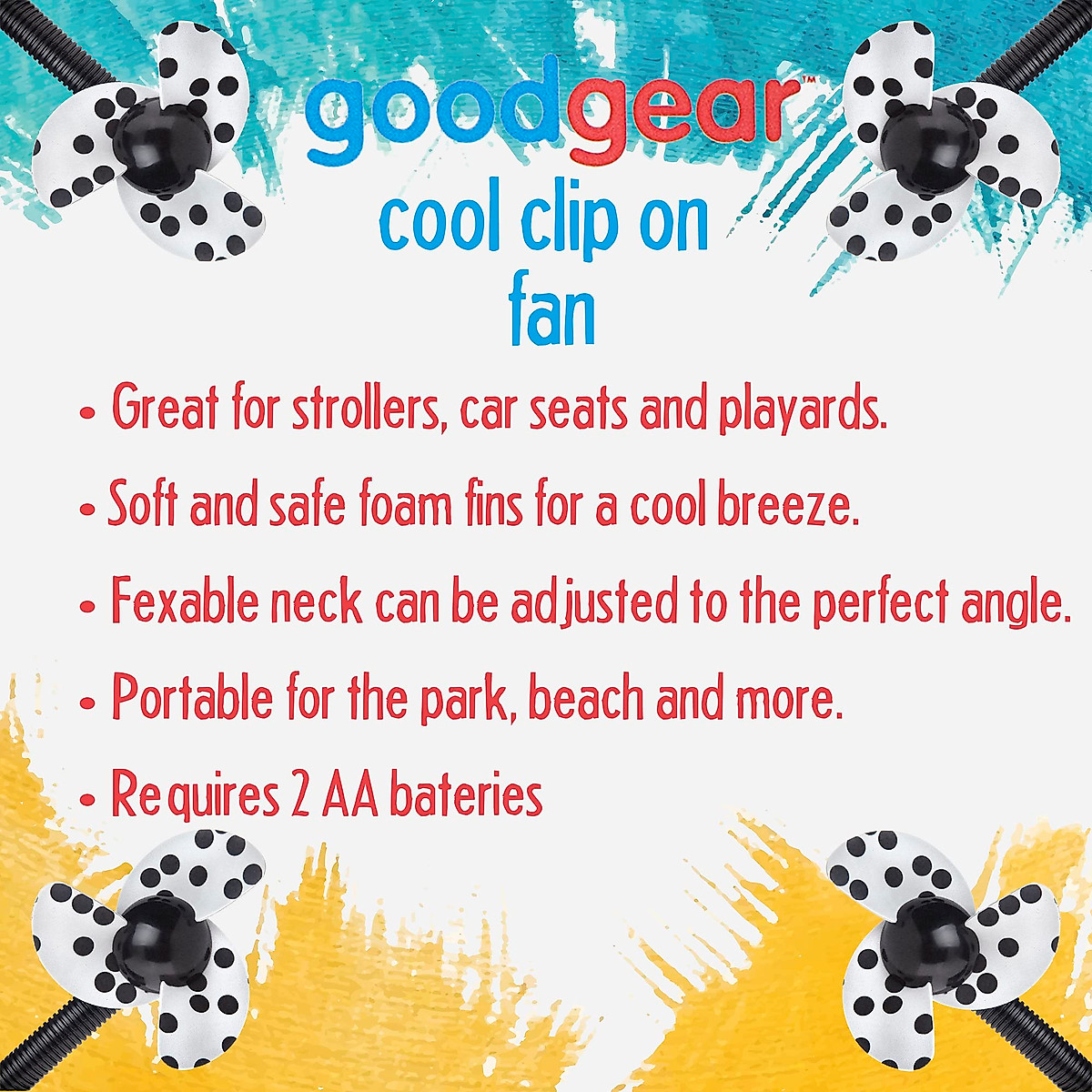 Good Gear Soft Fin Clip On Fan for Travel Stroller, Baby Crib & Car Seat - Black Dots/Grey