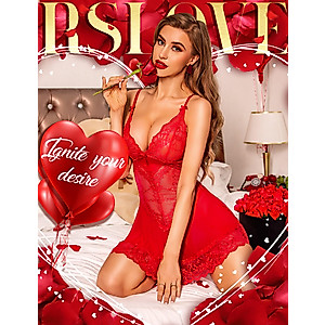 RSLOVE Lace Babydoll Lingerie for Women Chemise Sexy Sleepwear Dress Red S
