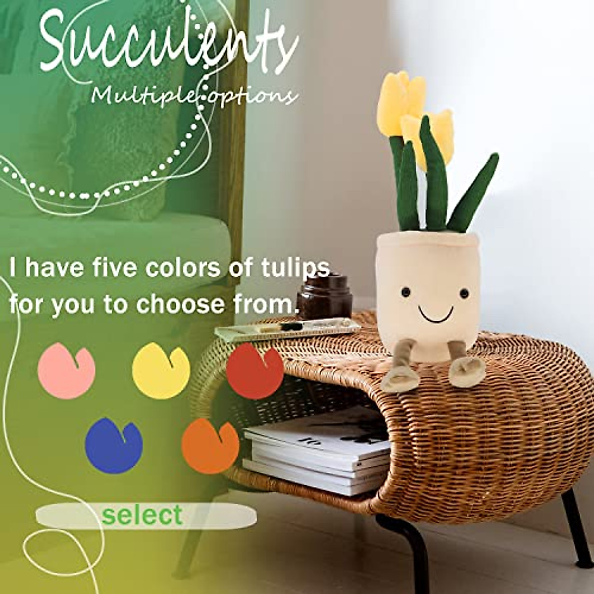 RELIGES Succulents Plush Toy, Cute Stuffed Potted Plants Plush Doll, Gifts Toy for Kids Boys (Tulip - Yellow)