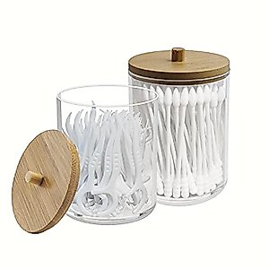 Wowlab 2 Pack Qtip Holder Dispenser, Bathroom Jars with Bamboo Lids for Cotton Ball Swab Pad Round, Acrylic Apothecary Jars for Bathroom