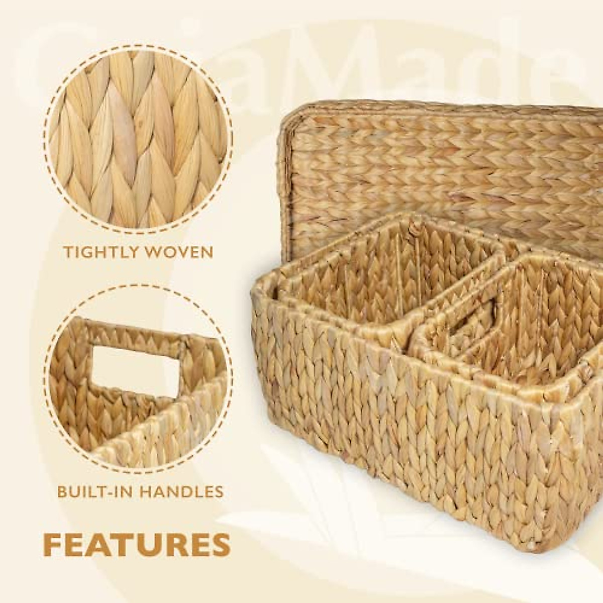 GaiaMade Water Hyacinth Storage Baskets with Lid, Wicker Baskets for Organizing and Storage, Set of 3 (1PC Large, 2PCS Medium, 1 Lid)