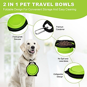 PNEUICALLY Collapsible Silicone Cat and Dog Travel Bowls,2 in 1 Foldable Pet Feeding and Watering Dish for Walking Camping Hiking with Carabiner (Green)