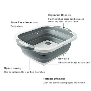 Collapsible Cutting Board, 3 in1 Foldable Chopping Board, Space Saving Vegetable Washing Basket with Draining Plug