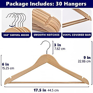 Amber Home Solid Wood Suit Coat Hangers 30 Pack, Smooth Natural Finish Wooden Dress Hangers with Non Slip Pant Bar, Clothes Hangers with 360 Swivel Hook & Notches for Jacket, Pant, Shirt (Natural, 30)