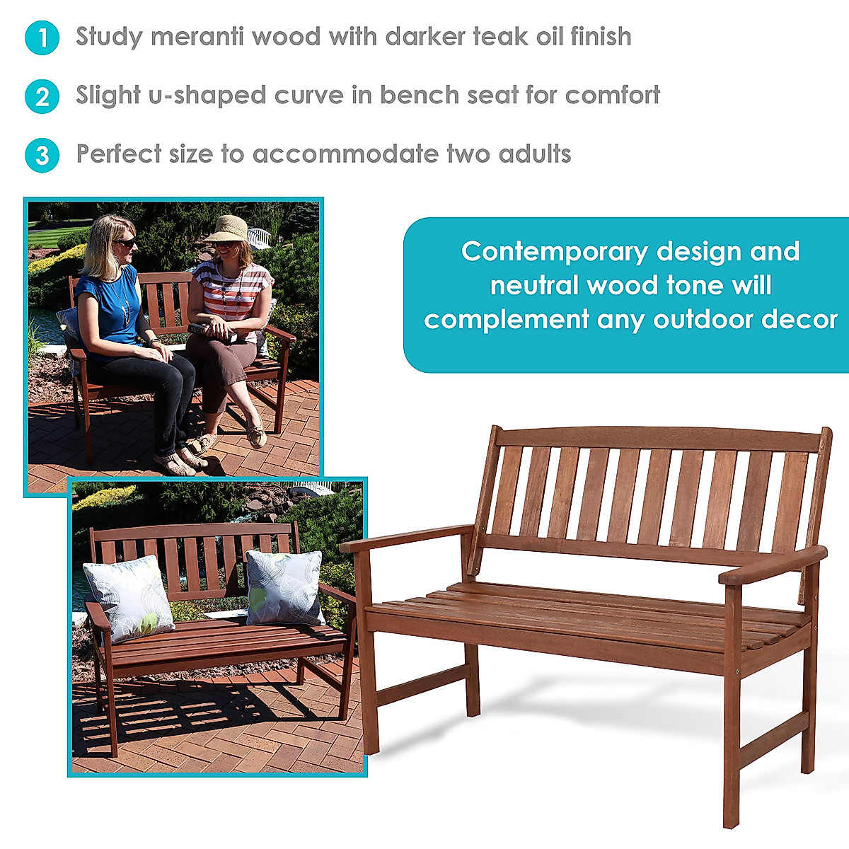 Sunnydaze Solid Meranti Wood 2-Seat Outdoor Garden Bench with Rustic Teak Oil Finish