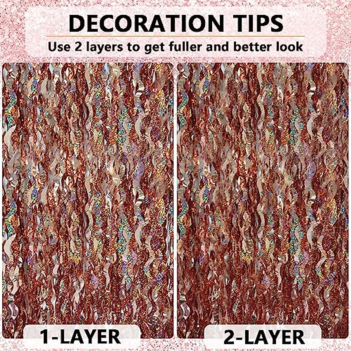 2 Pack 3.3 x 6.6 ft Wavy Tinsel Metallic Foil Fringe Curtain, Glittery Backdrop Streamer Tinsel Backdrop for Sea Ocean Theme Birthday Bachelorette Party Photo Prop Decorations (Rose Gold)