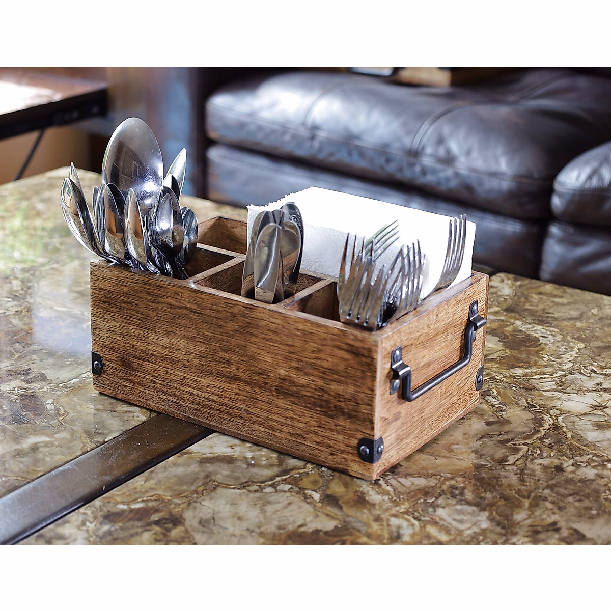 Mango Wood Utensils Caddy, Holder for Spoons, Forks, Knives, Salt Pepper, Napkins, Silverware Organizer, Flatware Holder (10.5 X 6.5 X 4.5 Inches)