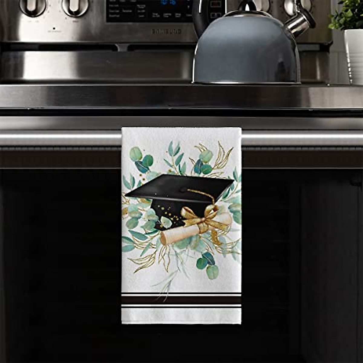 Artoid Mode Congrats Eucalyptus Leaves Diploma Cap Fingertip Towel, 18x26 Inch Soft Absorbent Graduation Party Hand Towel for Kitchen Decoration