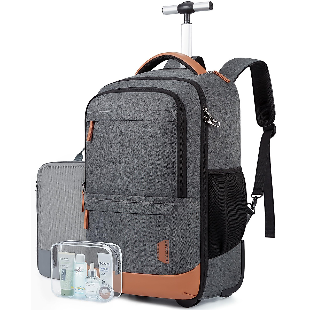 BAGSMART Rolling Travel Backpack, Water-Resistant Travel Laptop Backpacks with Wheels for Adults, 17 Inch Large Roller College Backpack Luggage Carry on with 2 Packing Cubes, Gray