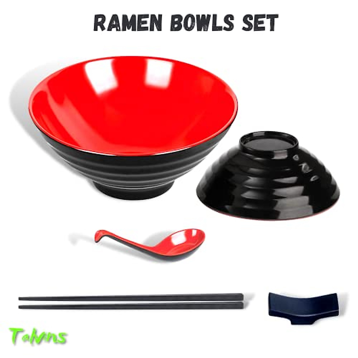 TaIvins Ramen Bowl Set of 4-32 OZ Pho Bowls and Spoons set, Maruchan ramen bowl, Asian pho bowls, Japanese bowls, Microwavable bowls- Large Melamine Noodle bowls, Soup bowl, Naruto ramen bowl (Red).