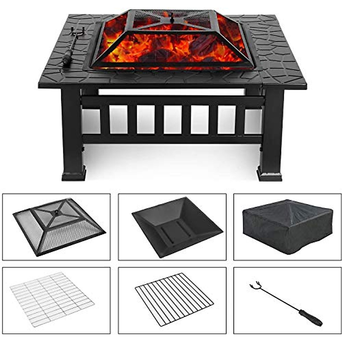 OKVAC 32" Outdoor Fire Pit, Square Metal Fireplace, Multifunctional Wood-Burning Stove w/Spark Screen, Poker, Cover, BBQ Net, Grate, for Outside, Camping, Patio, Picnic, Bonfire, Yard, Garden, Lawn