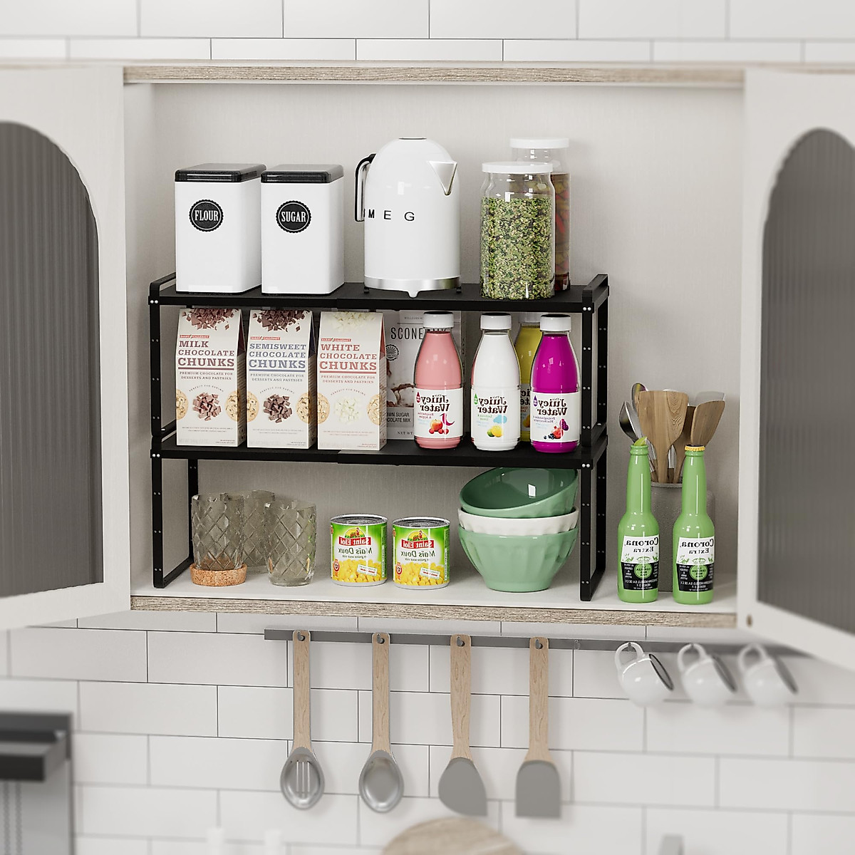 SANNO Expandable Cabinet Shelf Rack,Large Kitchen Cupboard Organizer Stackable Counter Shelf Organizer large Expandable Shelves Cupboard Organizer Rack, Black, 3 pack