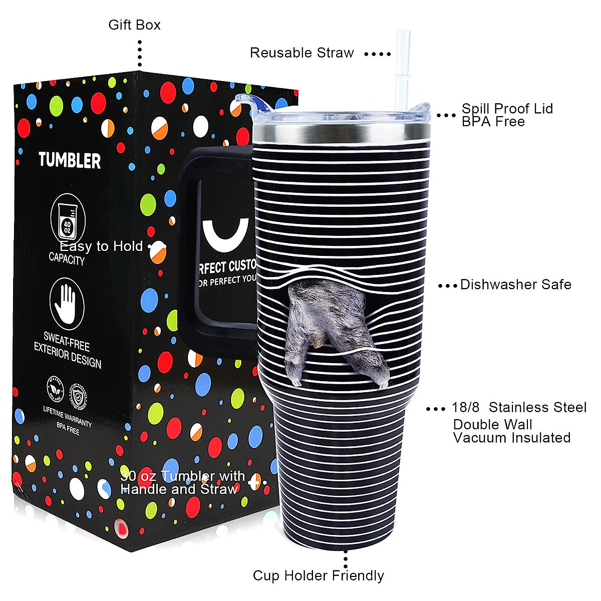 PERRIFIC Sloth Mug 30 oz Tumbler With Handle and Straw Lid - Leak Proof Insulated Travel Mug for Hot and Cold Drinks - Birthday Gifts for Women, Stainless Steel Cup