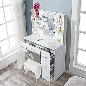 Abesthink Large Vanity,Makeup Vanity Table with Lights and Mirror, White Vanity Set Makeup Table with 5 Drawers, 1 Cabinets and Multiple Shelves and Stool for Bedroom Girls Women