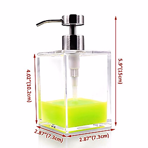 HONJAN Clear Acrylic Soap Dispenser, 13.5 oz Square Lucite Soap Dispenser with Pump (Brushed Nickel) Refillable Hand Soap Liquid Soap Dish Soap