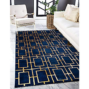 Unique Loom Glam Collection Geometric, Squares, Metallics, Modern, Chic Area Rug, 8 ft x 10 ft, Navy Blue/Gold