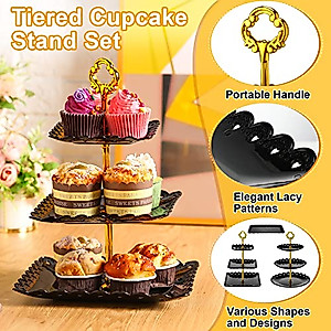 10 Pcs Dessert Table Display Set 3 Tiers Plastic Cupcake Stand Rectangle Serving Trays Tablecloth Sequin Table Runner for Wedding Birthday Baby Shower Tea Party Decorations (Black)