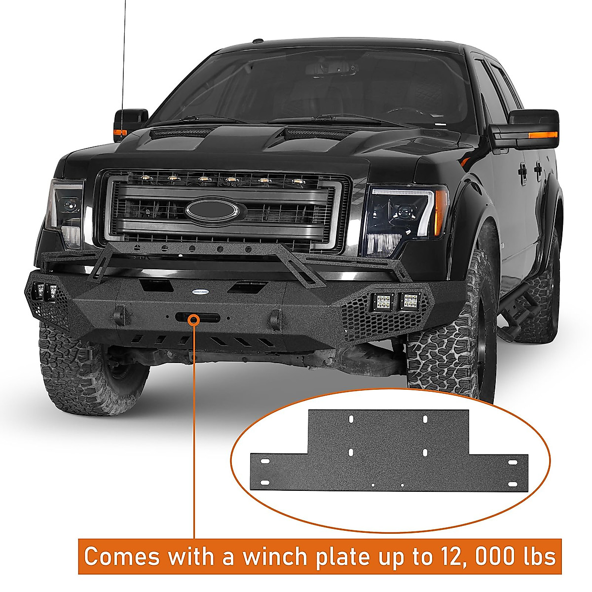 Hooke Road Earthshaker F150 Front Bumper w/Bull Bar & Winch Plate for Ford F-150 2009 2010 2011 2012 2013 2014 (Exclude Raptor), Full Width Steel Replacement Bumper