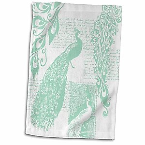 3D Rose Mint Green Vintage Peacock-Birds Hand/Sports Towel, 15 x 22