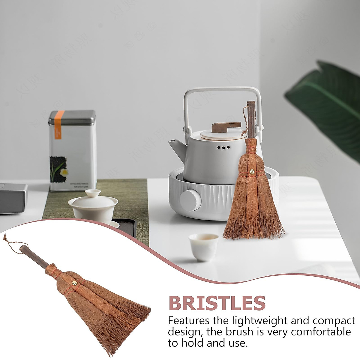 Cabilock Tea Tray Broom - Brown Silk Broom Straw Whisk Mini Broom for Home Tea Tray Small Whisk, Tea Ceremony Accessories for Dustpan Keyboard