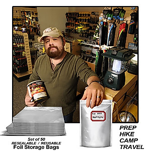 One Gallon Resealable 4.7 ml Mylar Bags, 50 Unit Set with 300cc Oxygen Absorbers and Labels; Thick and Heat Sealable. Food Storage Done Easy!